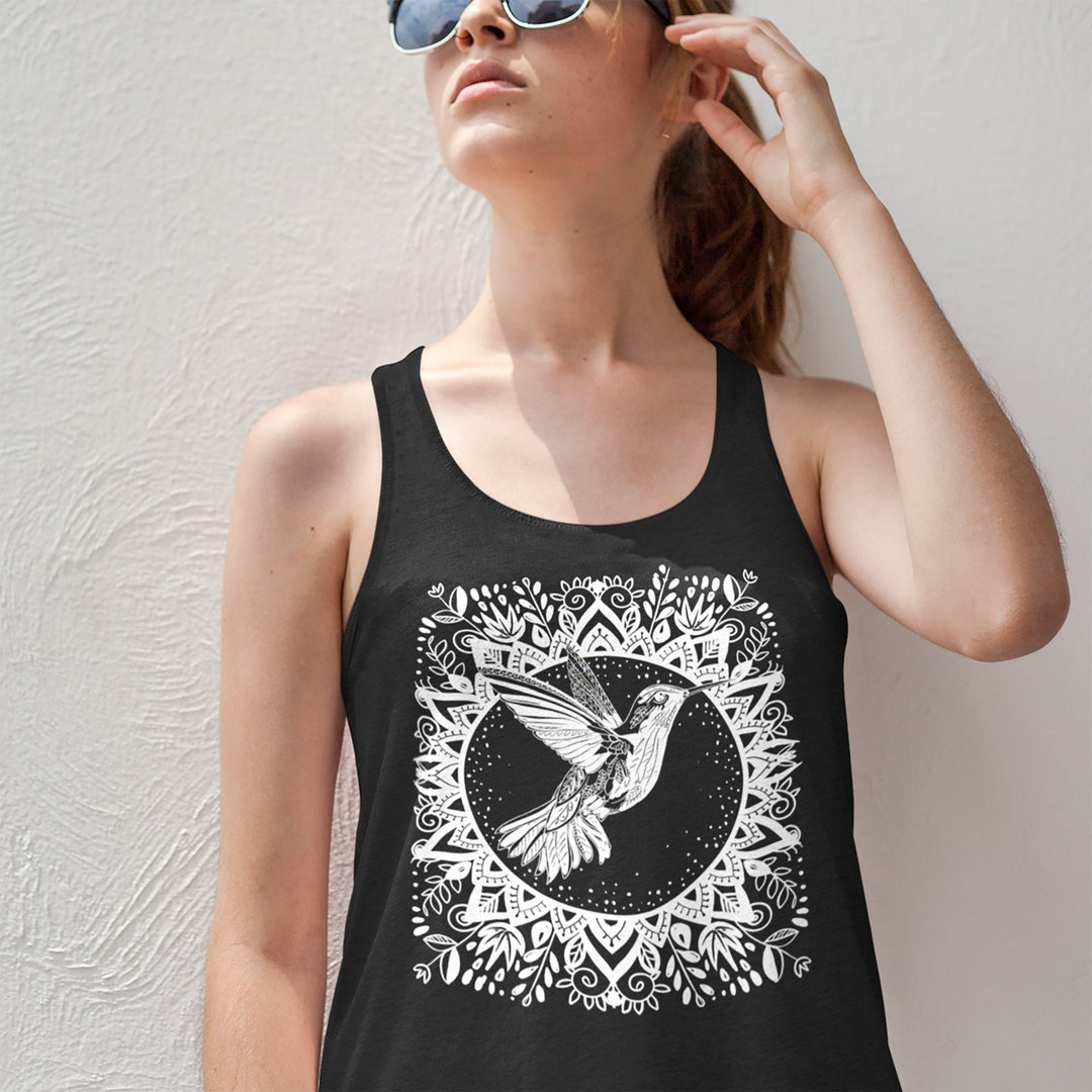 Floral Hummingbird Tank Top Linocut Style. Floral Mandala Top. Black ...
