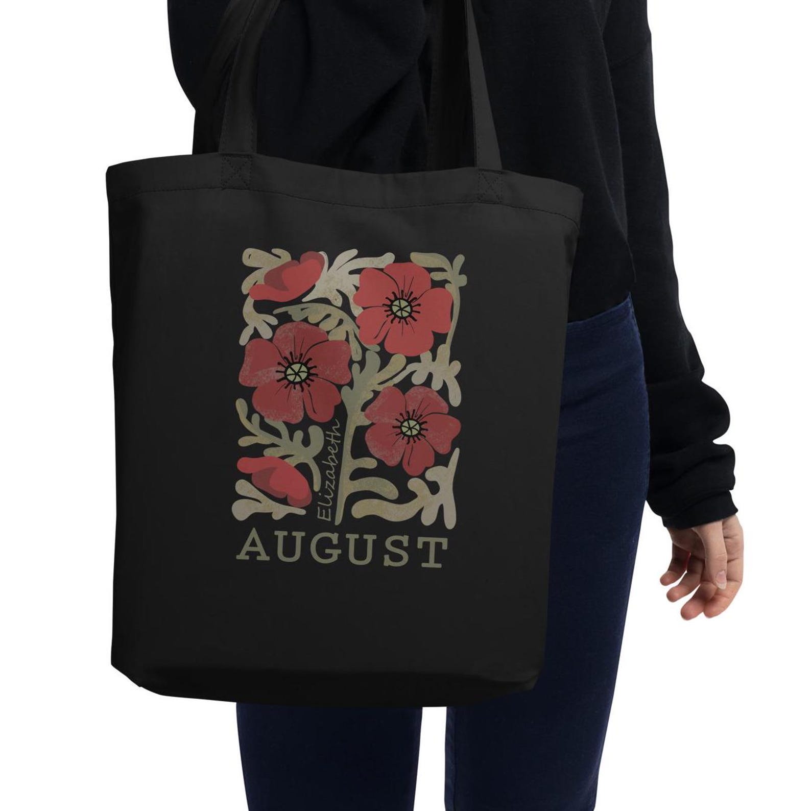 August Birth Flower Tote Bag. Red Poppy Reusable Bag. Custom Name ...