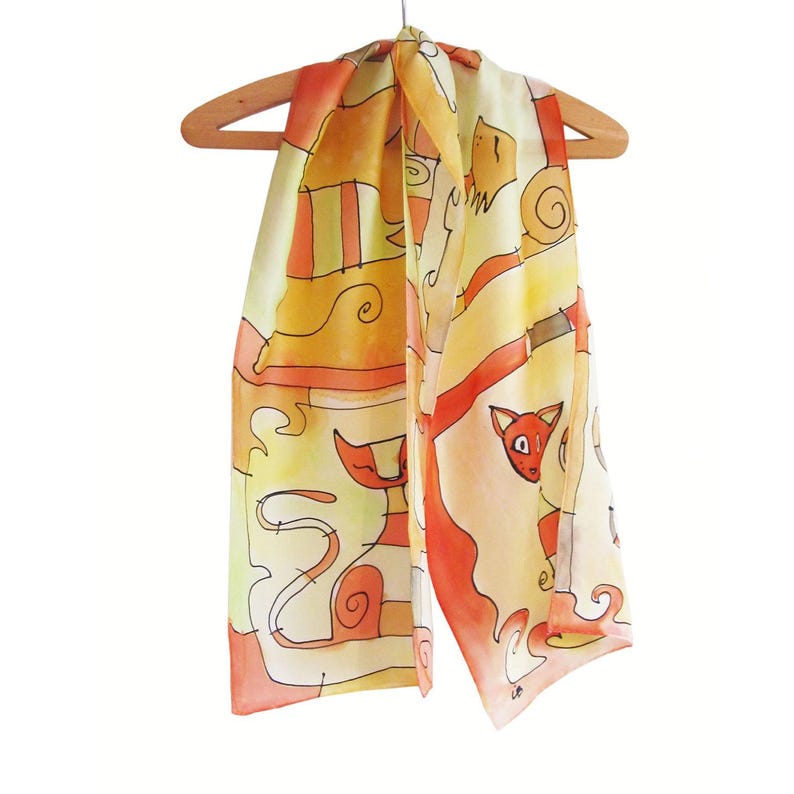 Hand Painted Cat Scarf in Red, Orange, Yellow. Unique Paint by Hand ...