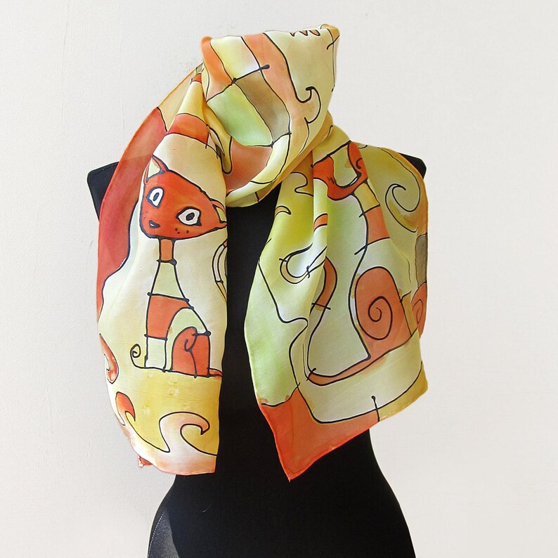 Hand Painted Cat Scarf in Red, Orange, Yellow. Unique Paint by Hand ...