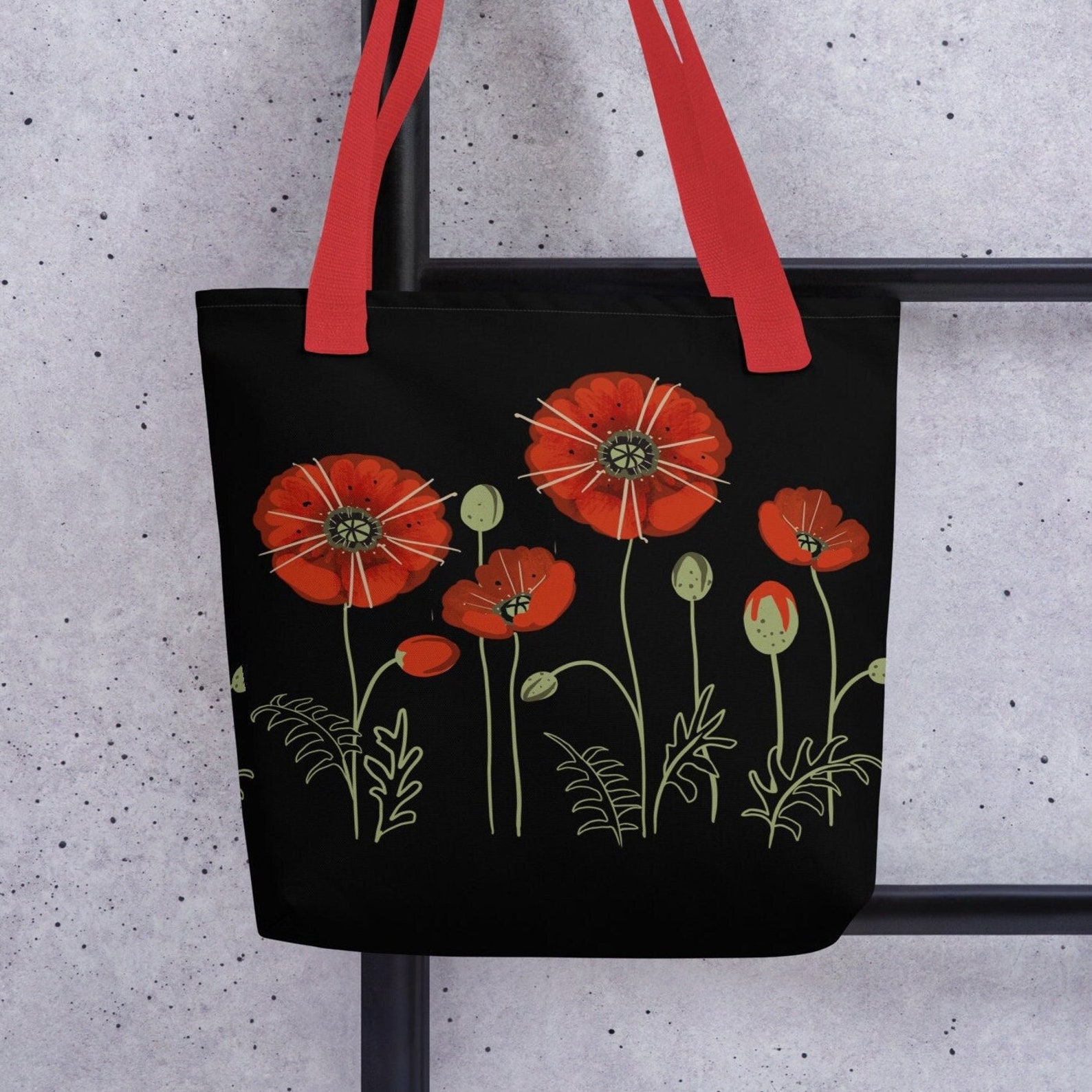 Red Poppies Tote Bag Art Deco Style. Floral Shoulder Bag. Boho Style ...