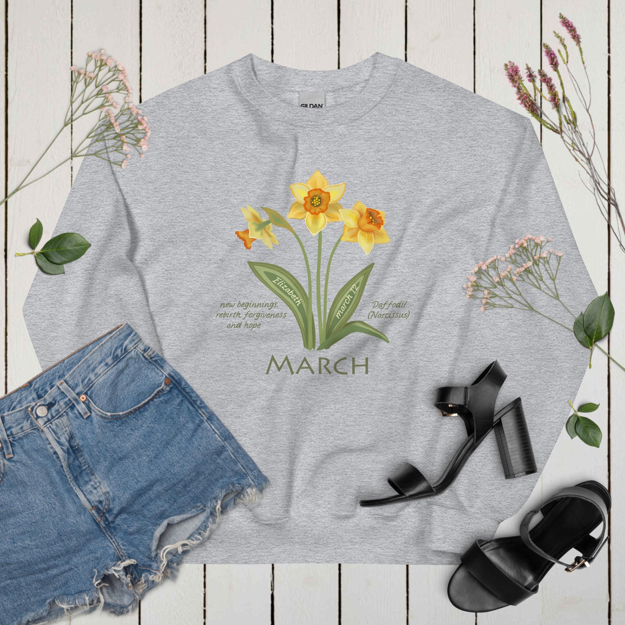 March Birth Flower Sweatshirt. Custom Name and Date Sweatshirt ...