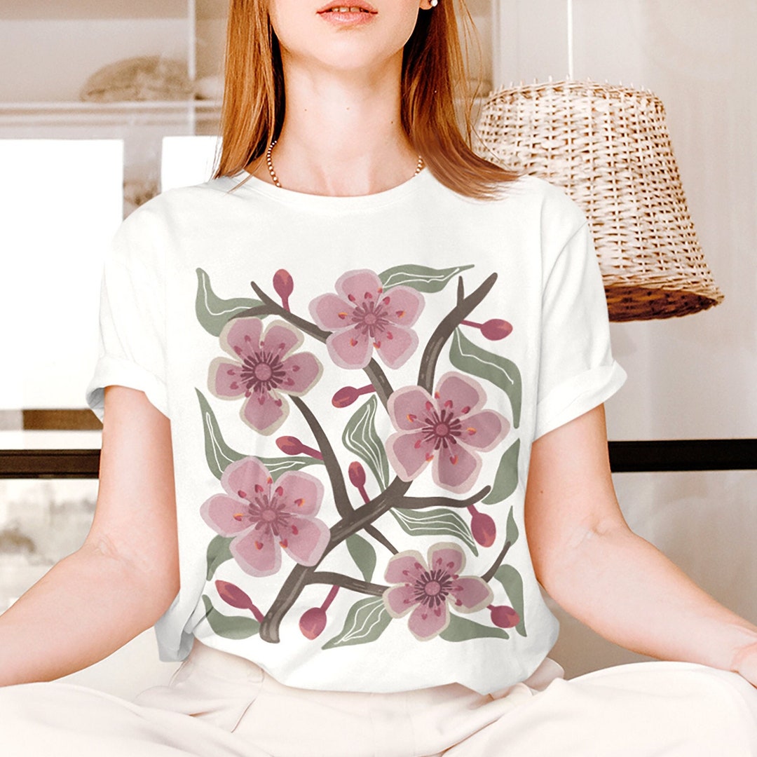 Cherry Blossom Tshirt. Green, Pink Flowers T Shirt. Sakura Blossom ...