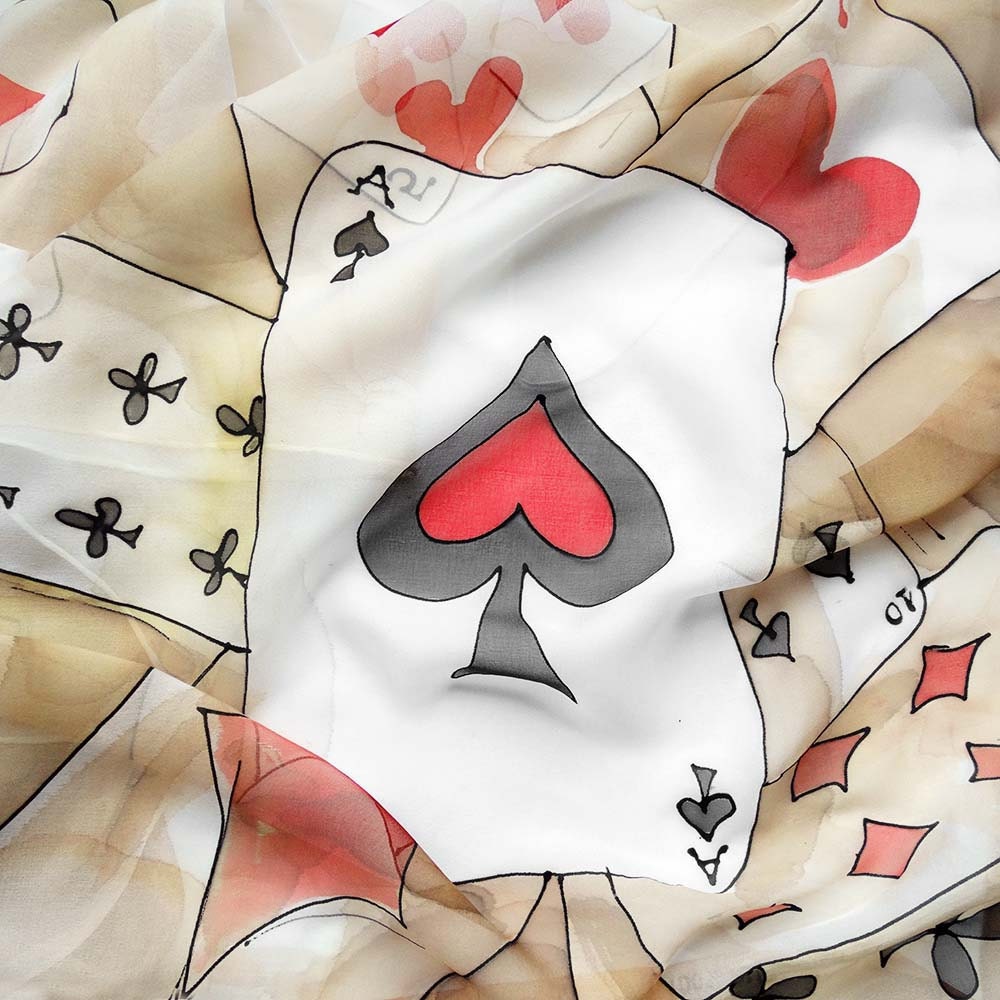 Hand painted silk scarf Playing cards scarf Red black beige | Etsy