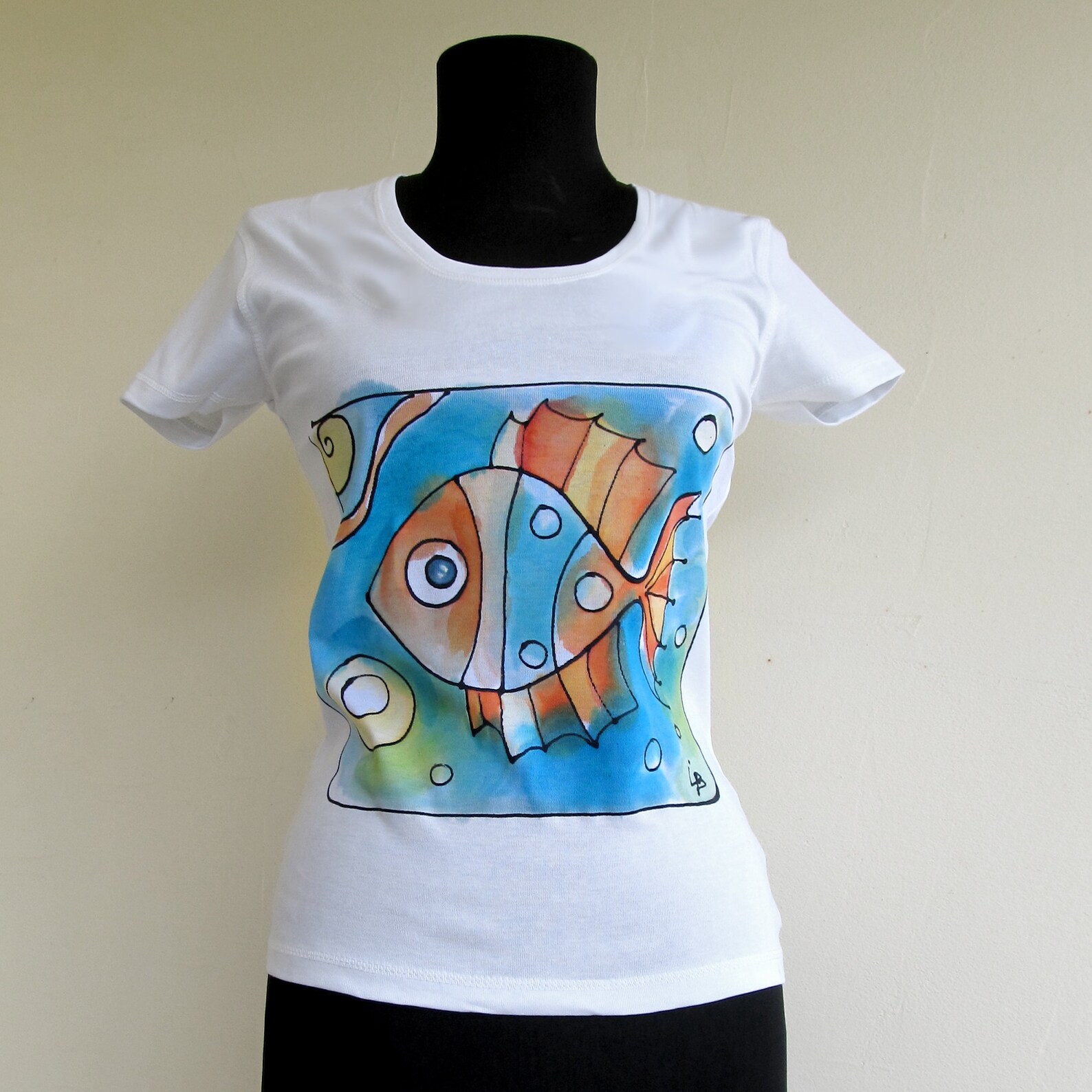 Hand Painted Fish T Shirt Sea Design T Shirt in Blue Orange - Etsy