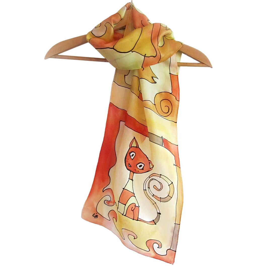 Hand Painted Cat Scarf in Red, Orange, Yellow. Unique Paint by Hand ...