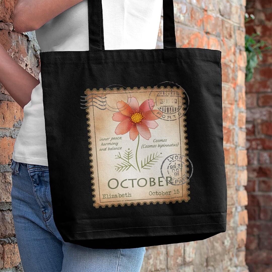 October Birth Month Flower Tote Bag. Cosmos Flower Personalized Name ...
