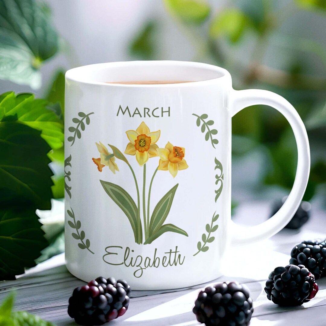 March Birth Flower Mug. Personalize Birth Month Mug With Name. Floral ...