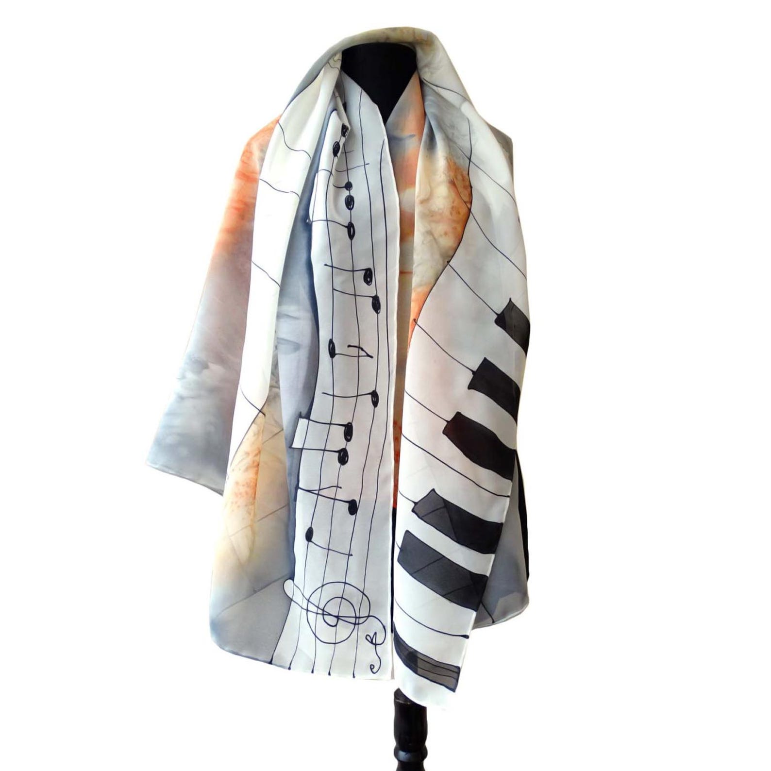 Music Scarf. Hand Painted Silk Scarf With Notes. Musical Keyboard Piano ...