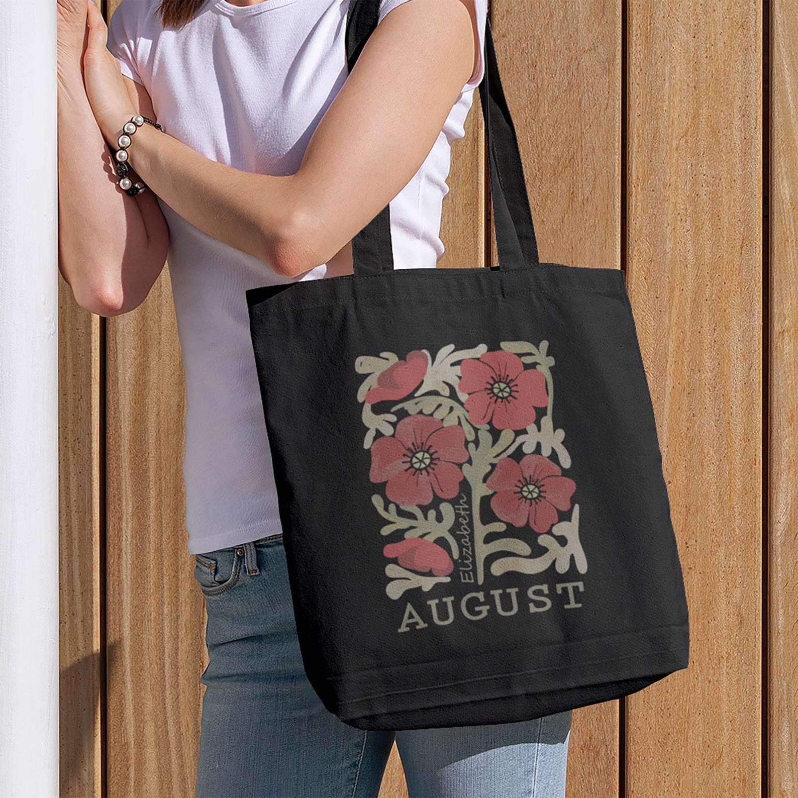 August Birth Flower Tote Bag. Red Poppy Reusable Bag. Custom Name ...