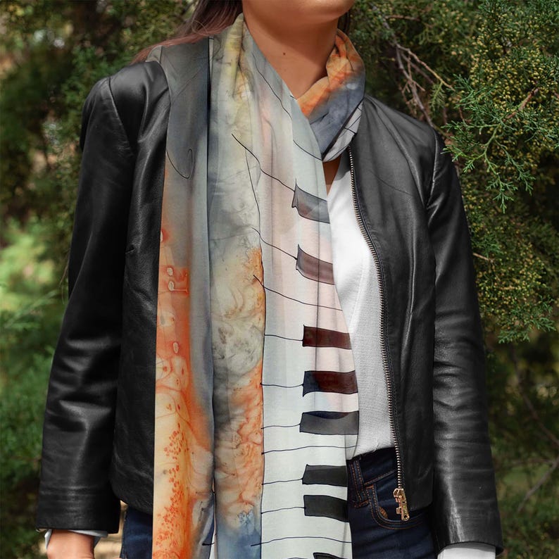 Music Scarf. Hand Painted Silk Scarf With Notes. Musical Keyboard Piano ...