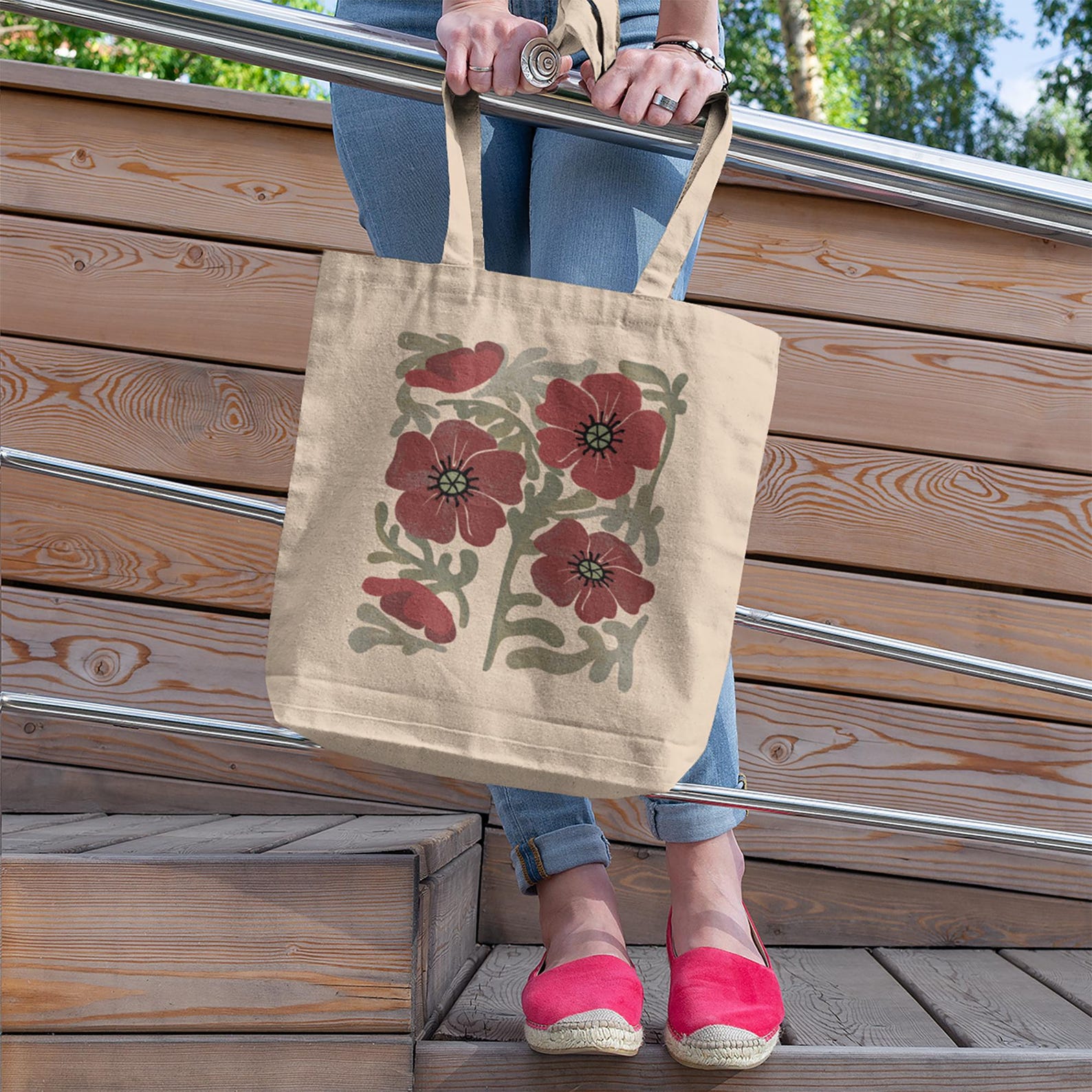 August Birth Flower Tote Bag. Red Poppy Reusable Bag. Custom Name ...