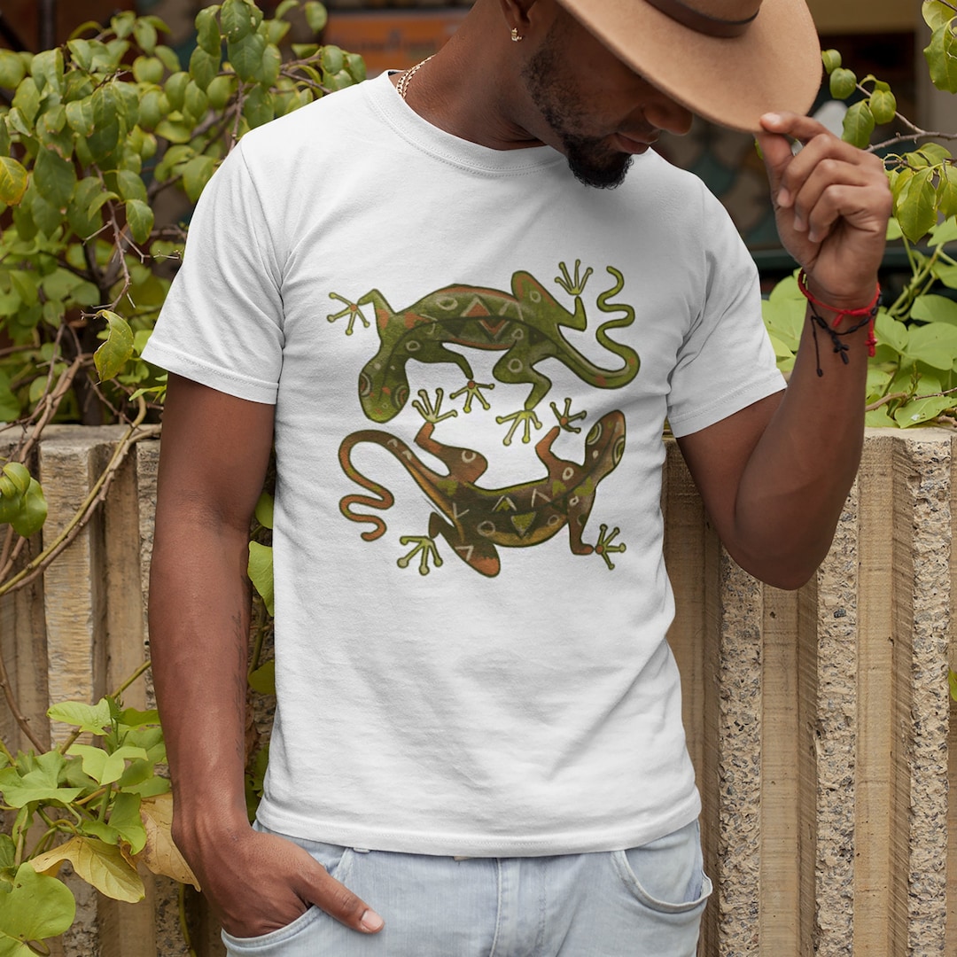 Gecko T-shirt. Red, Green Lizard T Shirt. Tribal Design T Shirt. Gecko ...