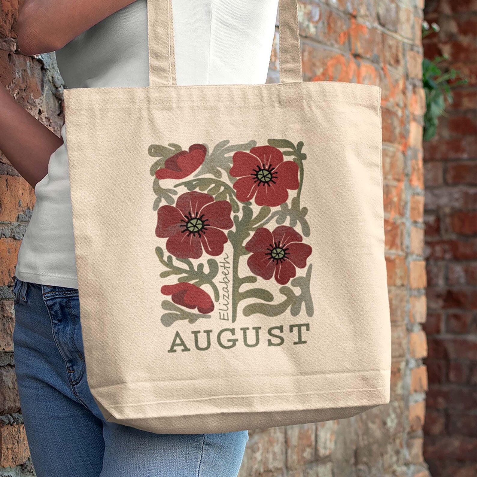 August Birth Flower Tote Bag. Red Poppy Reusable Bag. Custom Name ...
