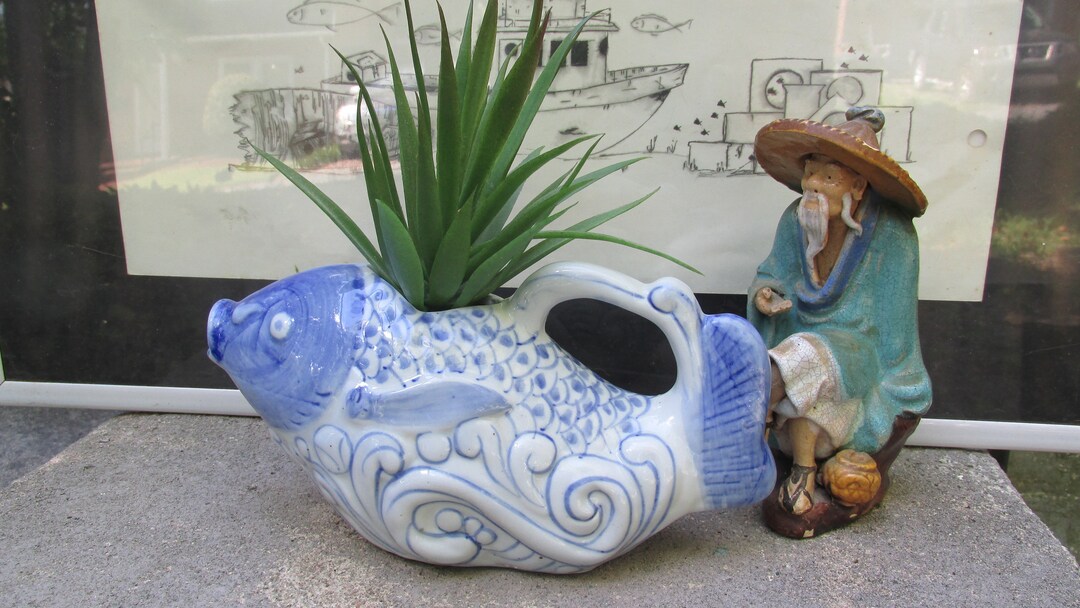 Blue & White Porcelain Ceramic Fish Vase - Etsy