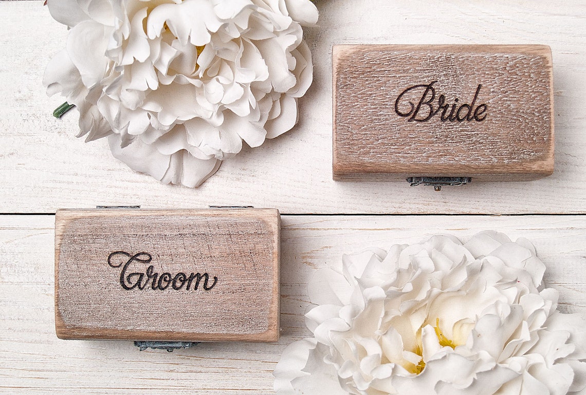 Bride and Groom Ring Boxes Set of 2, Wooden His Hers Wedding Ring ...