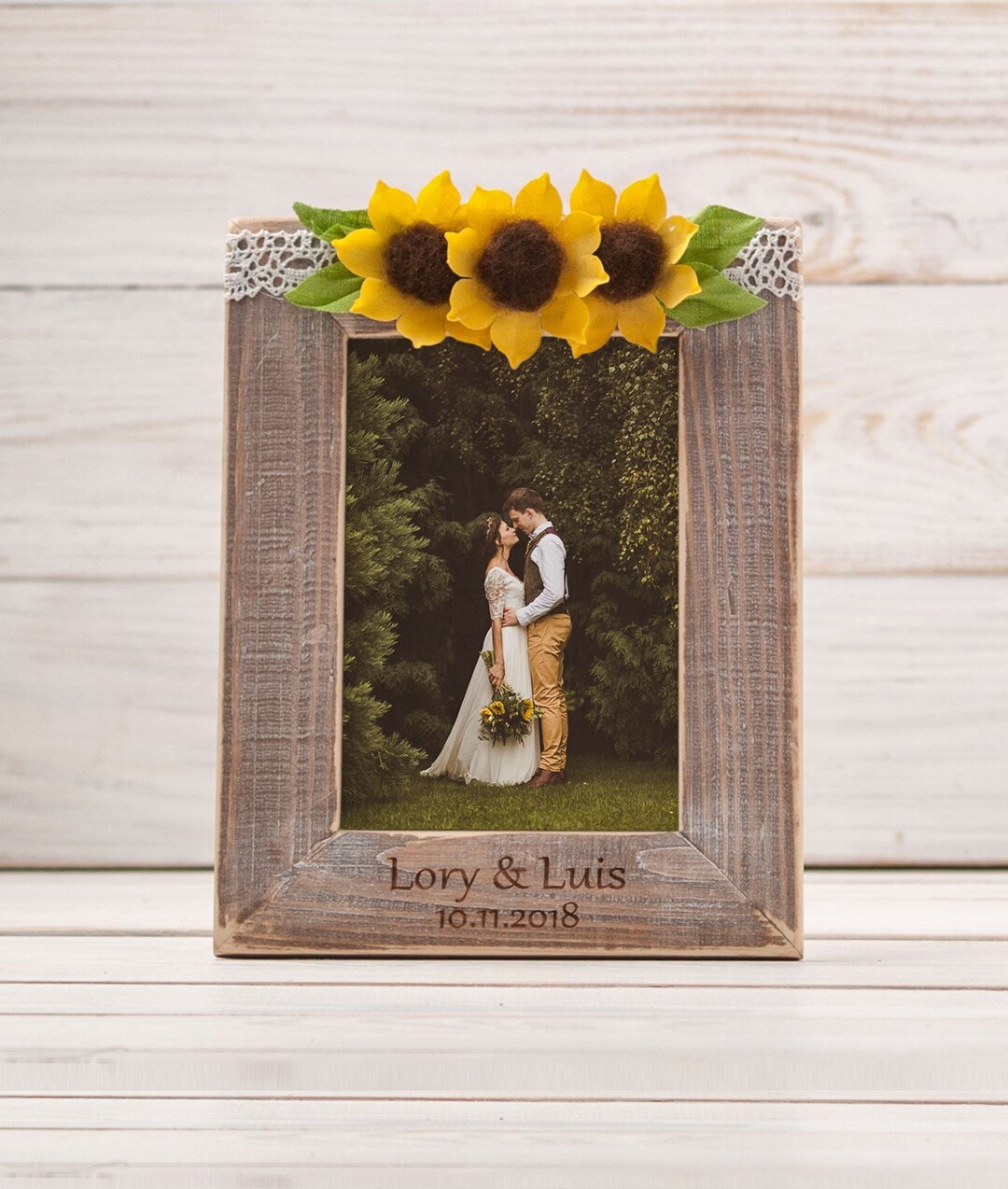 Sunflower Wedding Frame, Wooden Personalized Family Photo Frame, Rustic ...