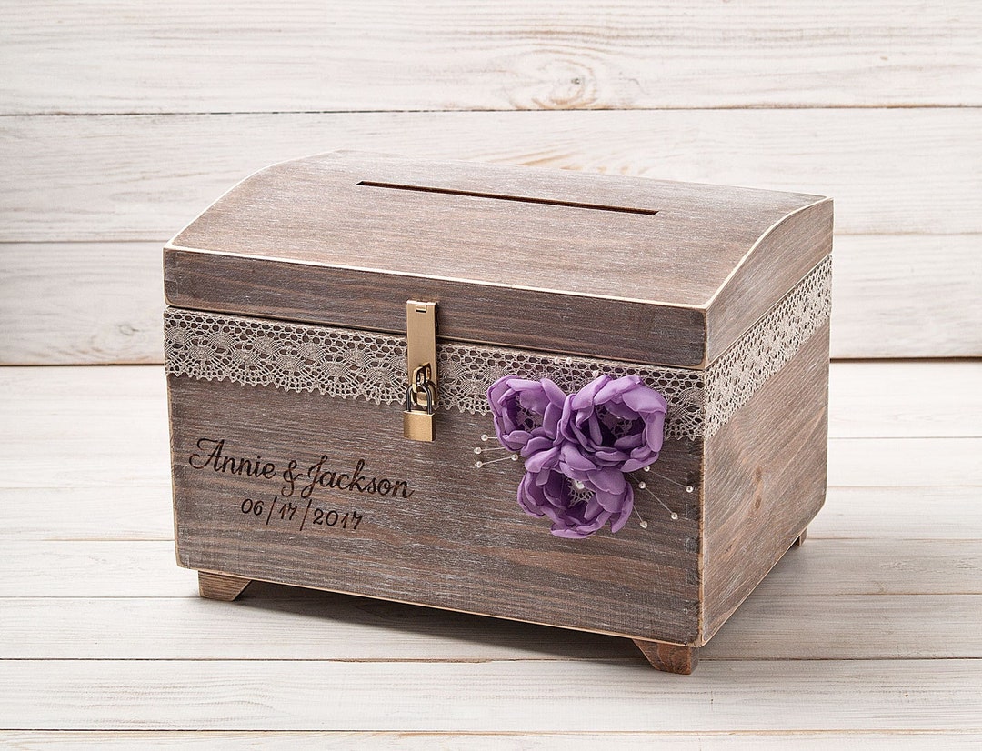 Wedding Money Box With a Lock Key Keepsake Chest Custom Wooden Card ...