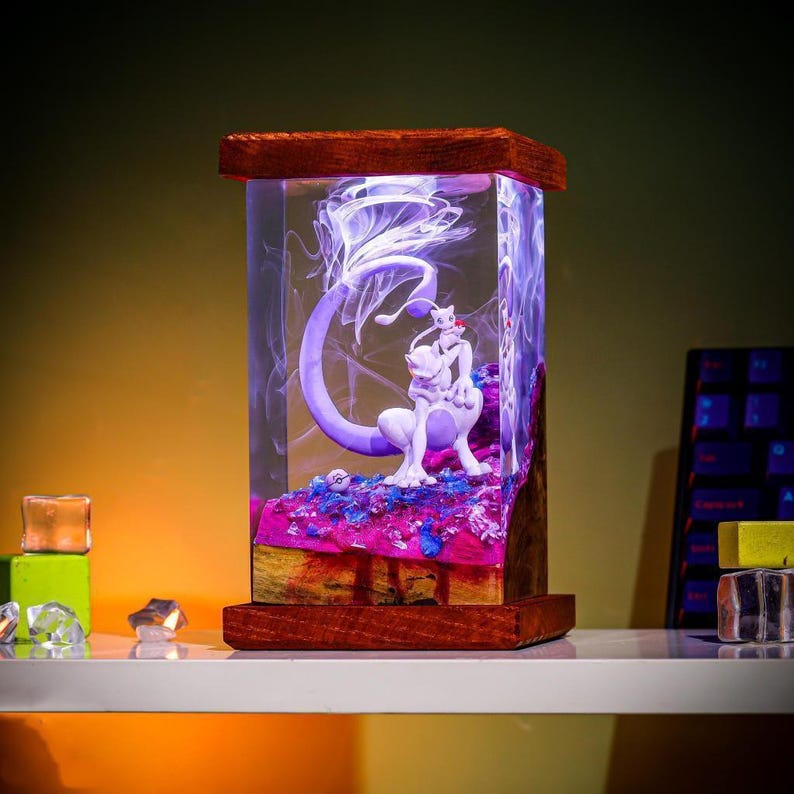 Mew & Mewtwo Epoxy Lamp, Legendary Pokemon Art Night Light, Unique ...