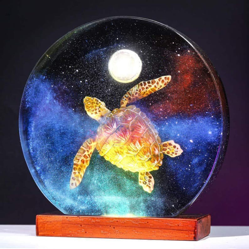 Galaxy Turtle on the Moon Night Light, Space Themed Resin Art Lamp ...