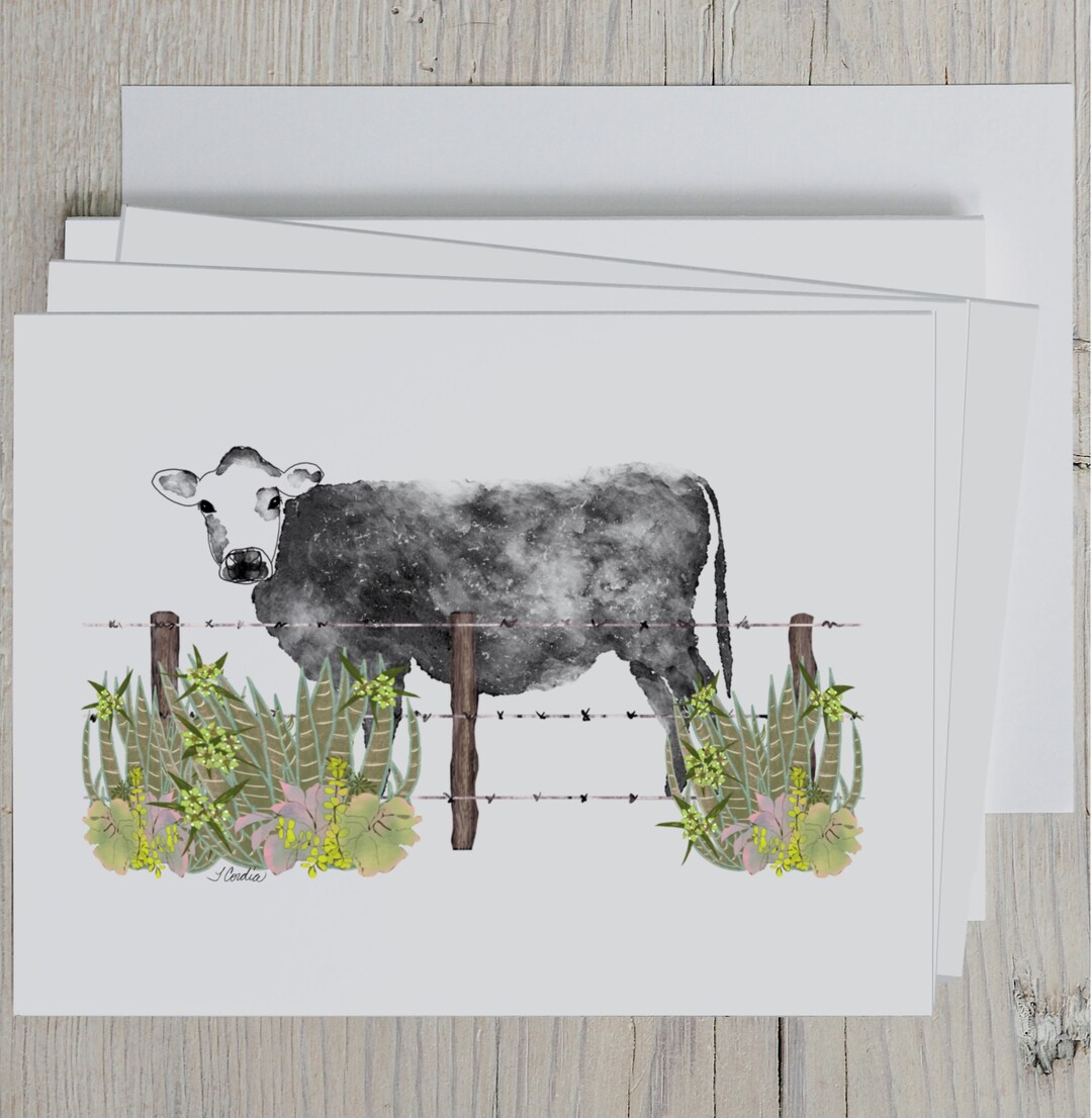 Cow Note Cards, Set of 4 Cards, Black and White Cow, Farm Theme Cards ...