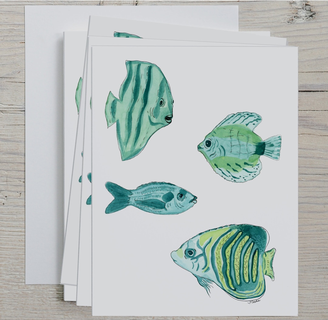 Blue Green Watercolor Fish Note Cards, Set of 4 Size A2 Blank Cards ...