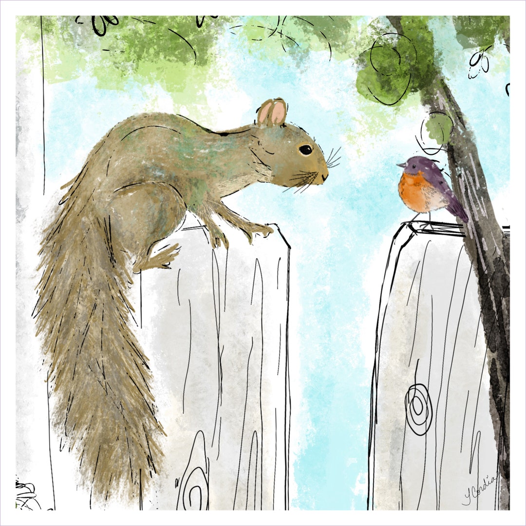 Squirrel and Robin Cotton Fabric Square: Sewing Quilt Block (8.4"x8.4 ...