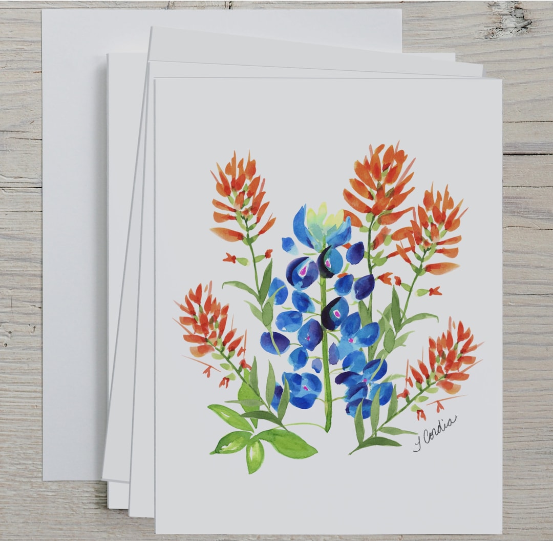 Bluebonnet Indian Paintbrush Note Cards, Greeting Card, Set of 4 ...