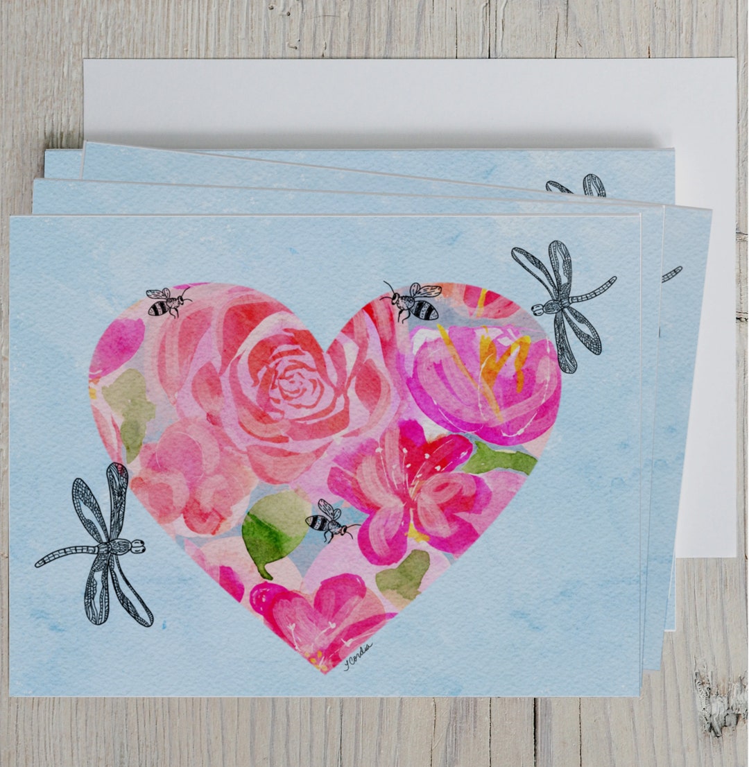 Pink Floral Heart Note Cards, Heart and Dragonfly Note Card Set of 4 ...