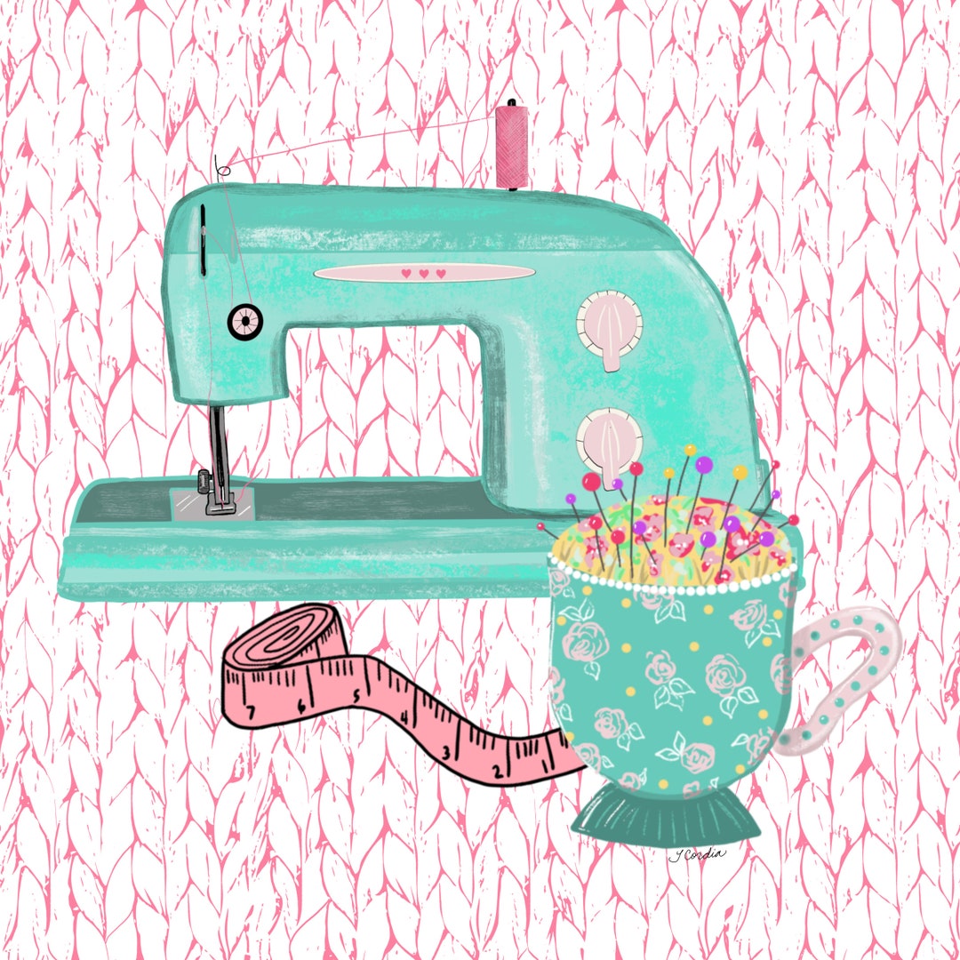 Teal Sewing Machine Fabric Art Print, Tea Cup Pin Cushion Quilt Block ...