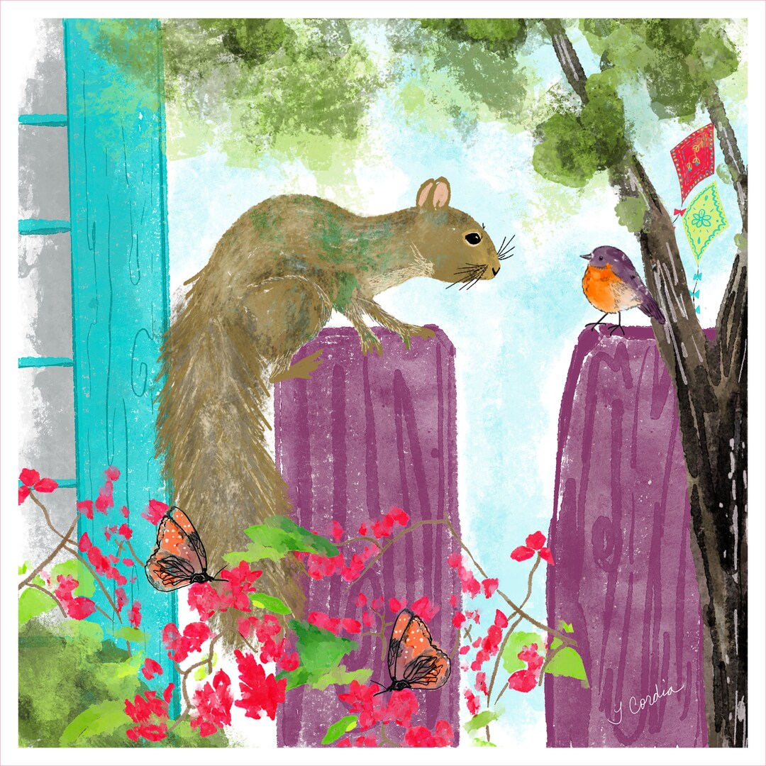 Squirrel and Robin Cotton Fabric Square Bright, Backyard Squirrel, 8.4 ...