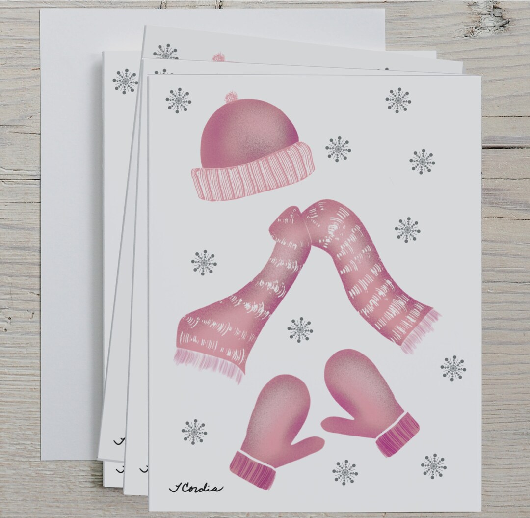 Winter Note Cards, Set of 4 Cards With Envelopes, Winter Hat Scarf ...