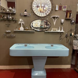 Rare Powder Blue Double Mid-century Wash Basin With Pedestal | 1950s ...