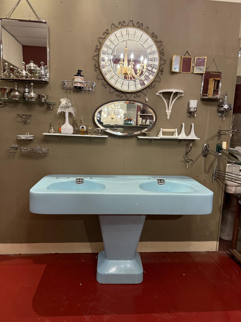Rare Powder Blue Double Mid-century Wash Basin With Pedestal | 1950s ...