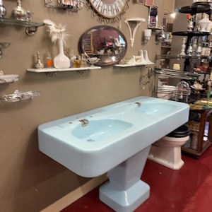Rare Powder Blue Double Mid-century Wash Basin With Pedestal | 1950s ...