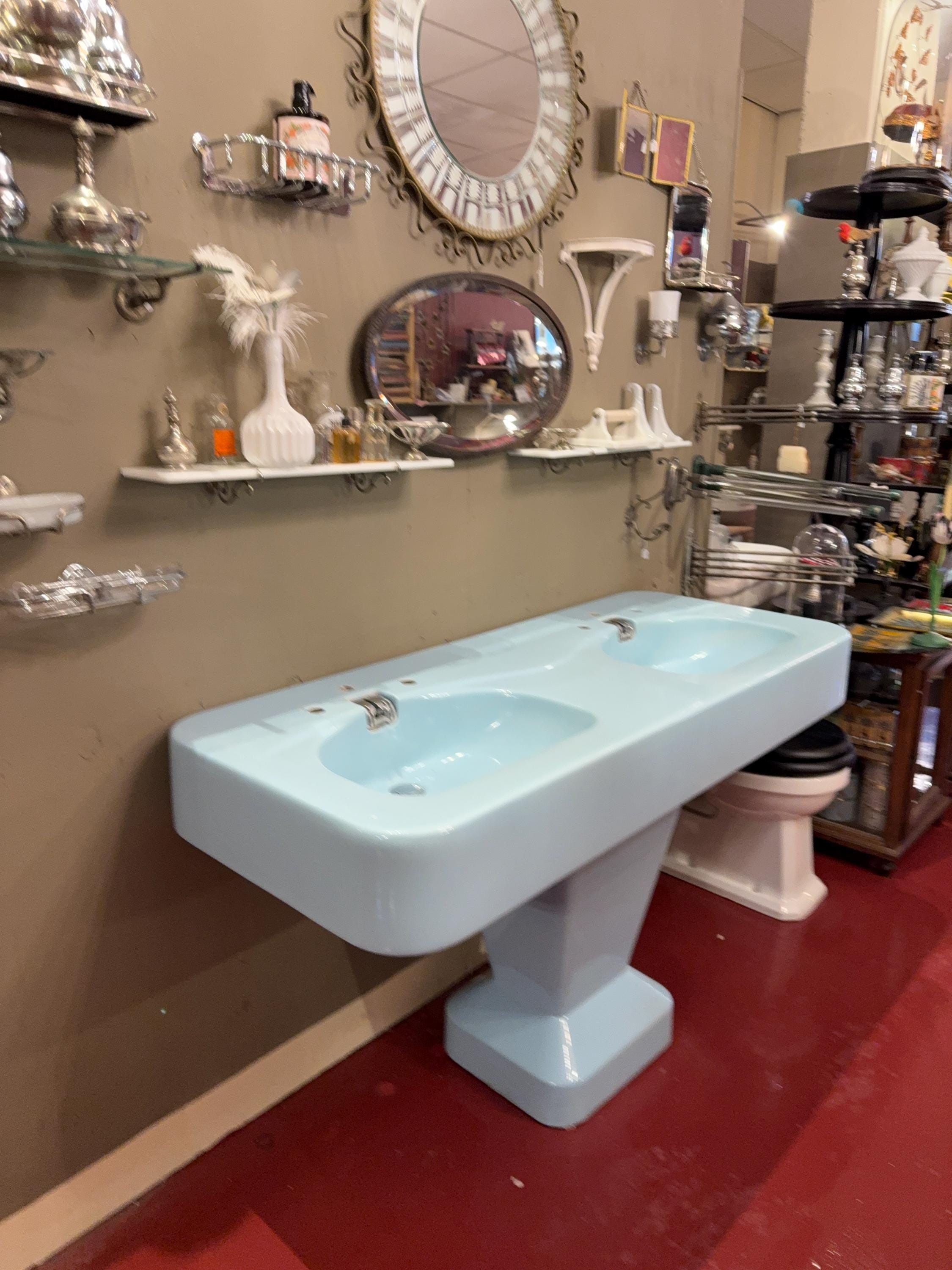 Rare Powder Blue Double Mid-century Wash Basin With Pedestal | 1950s ...