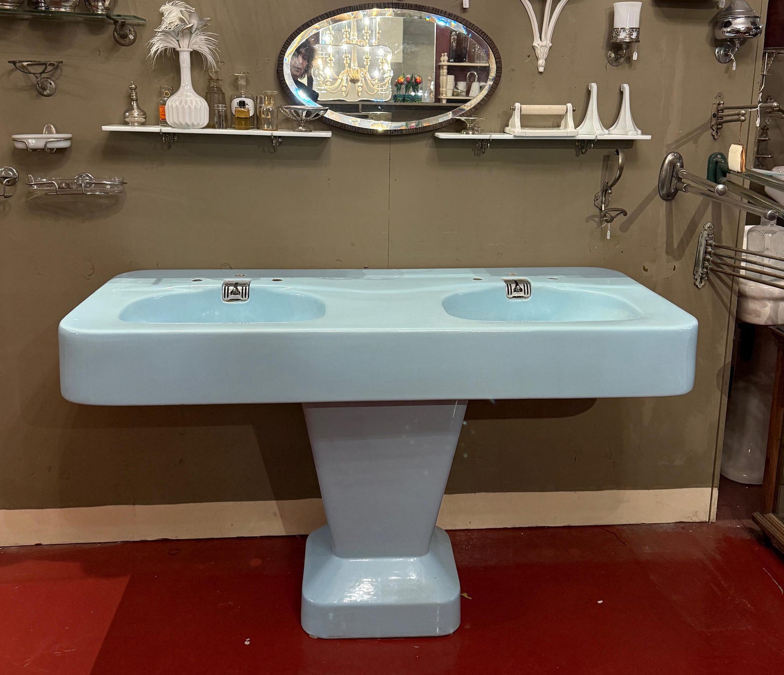 Rare Powder Blue Double Mid-century Wash Basin With Pedestal | 1950s ...