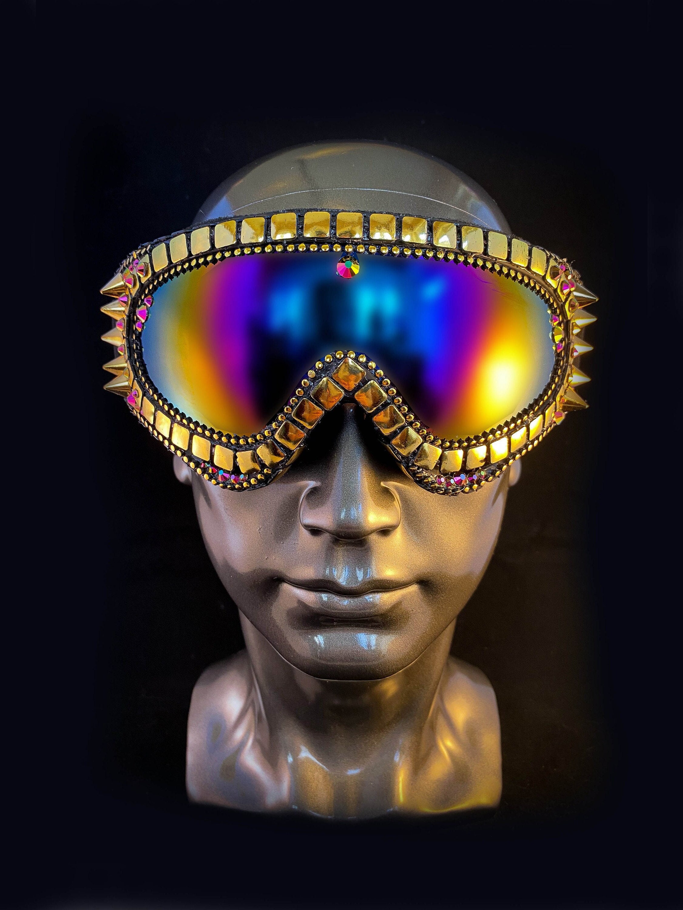 Playa Goggles, Shiny Gold Disco Ball, Rhinestone Goggles, Festival ...