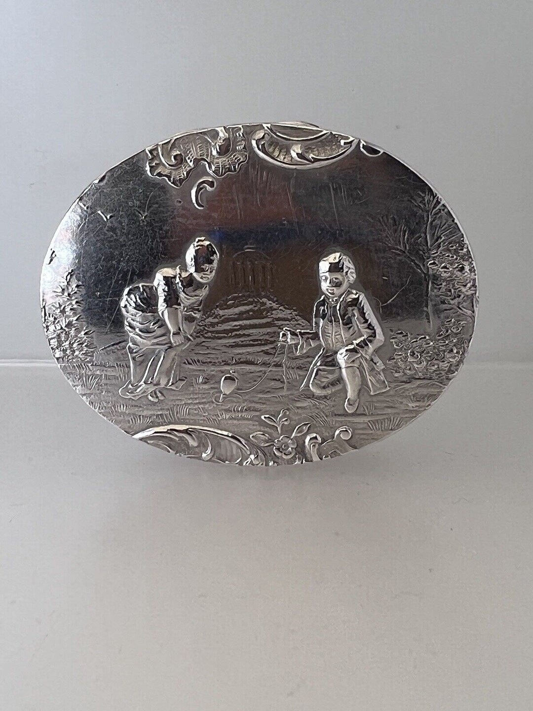 Antique Silver Repousse Hinged Lid Pill Pot Box Pastoral Scenes ...