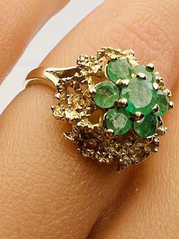 1976 Vintage Textured 9ct Yellow Gold Emerald Flower … - Gem