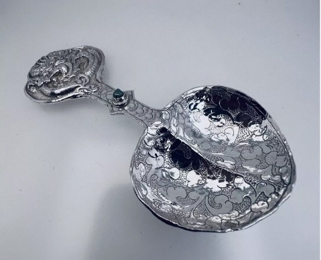 Antique Silver Anointing Spoon Repoussé Embossed Dragon Turquoise Stone ...