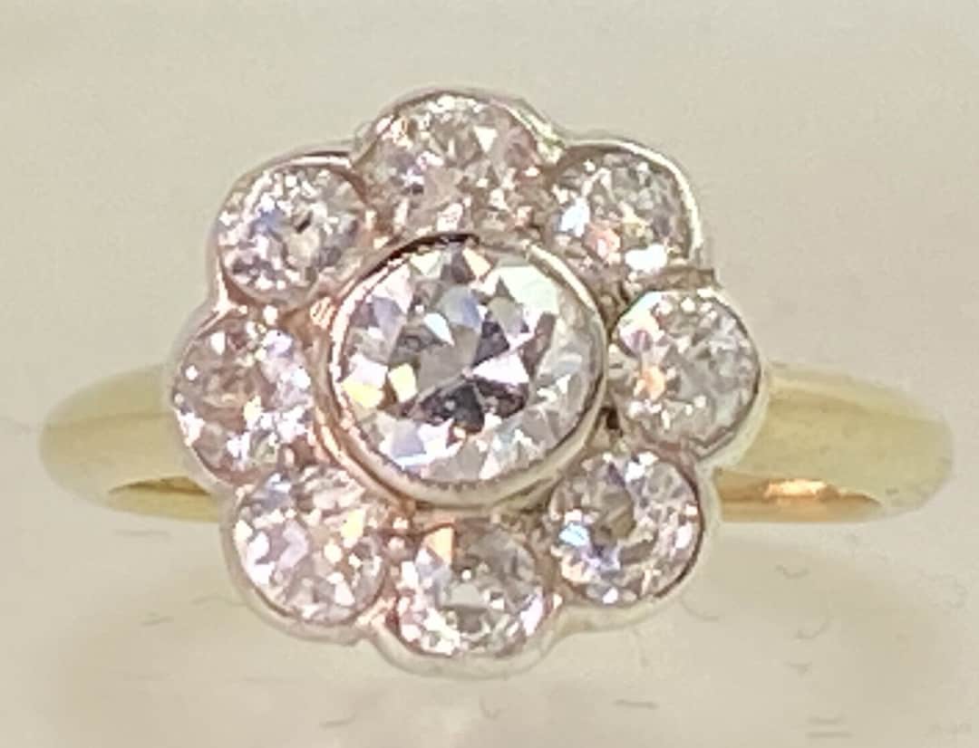 18ct Yellow Gold Antique Diamond Daisy Cluster Ring 1.30 Cts Size K ...