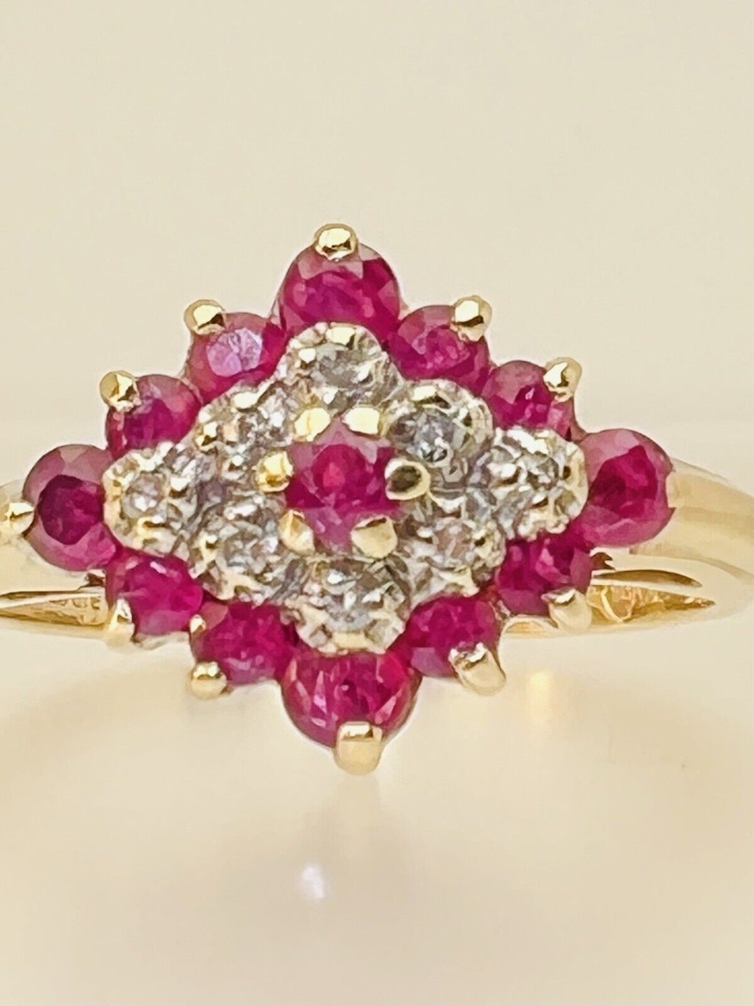 Vintage 9ct Yellow Gold Ruby Diamond Cluster Ring Size N Rhombus Shape ...