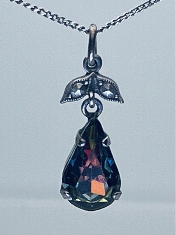 1920s Art Deco Rainbow Iris Glass & Marcasite Teardro… - Gem