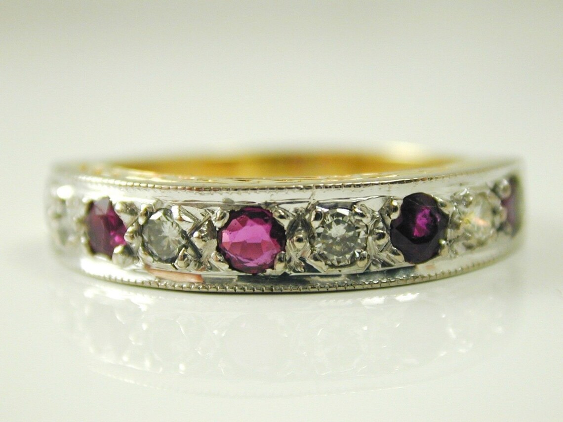 Ruby and Diamond Half Eternity Ring Yellow & White 18ct Gold - Etsy UK
