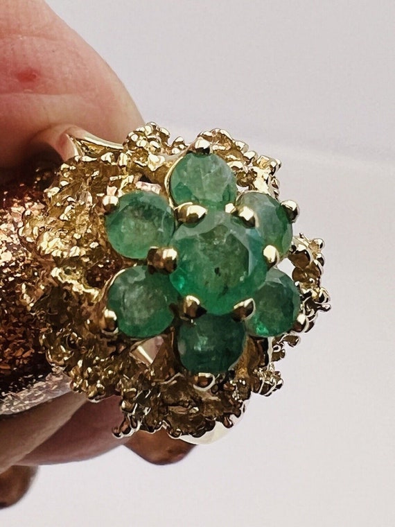 1976 Vintage Textured 9ct Yellow Gold Emerald Flower … - Gem