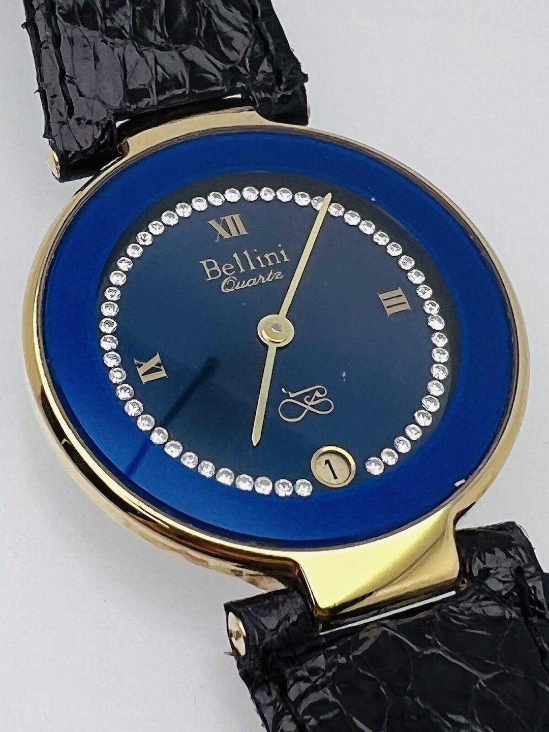 18 Carat Gold Plated Bellini Quartz Watch Blue Face Date Aperture ...