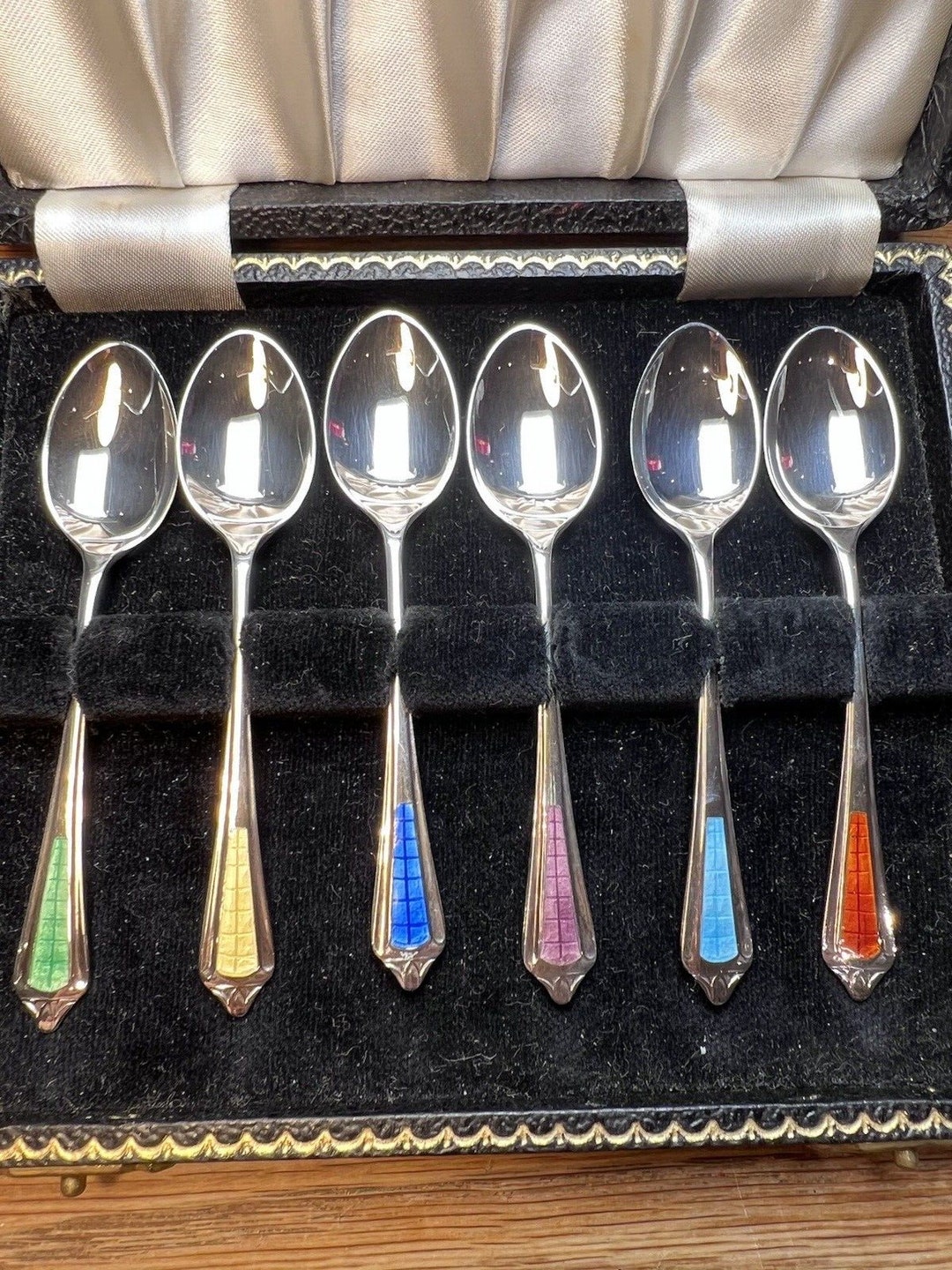 Vintage Enamelled Teaspoons Icecream? Set 6 Rainbow Multicoloured 1958 ...