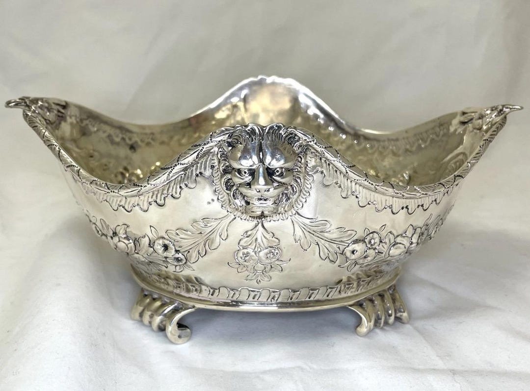 Antique Sterling Silver Bowl 21x14.5x8cm Ornate Repousse Lion Heads 390 ...