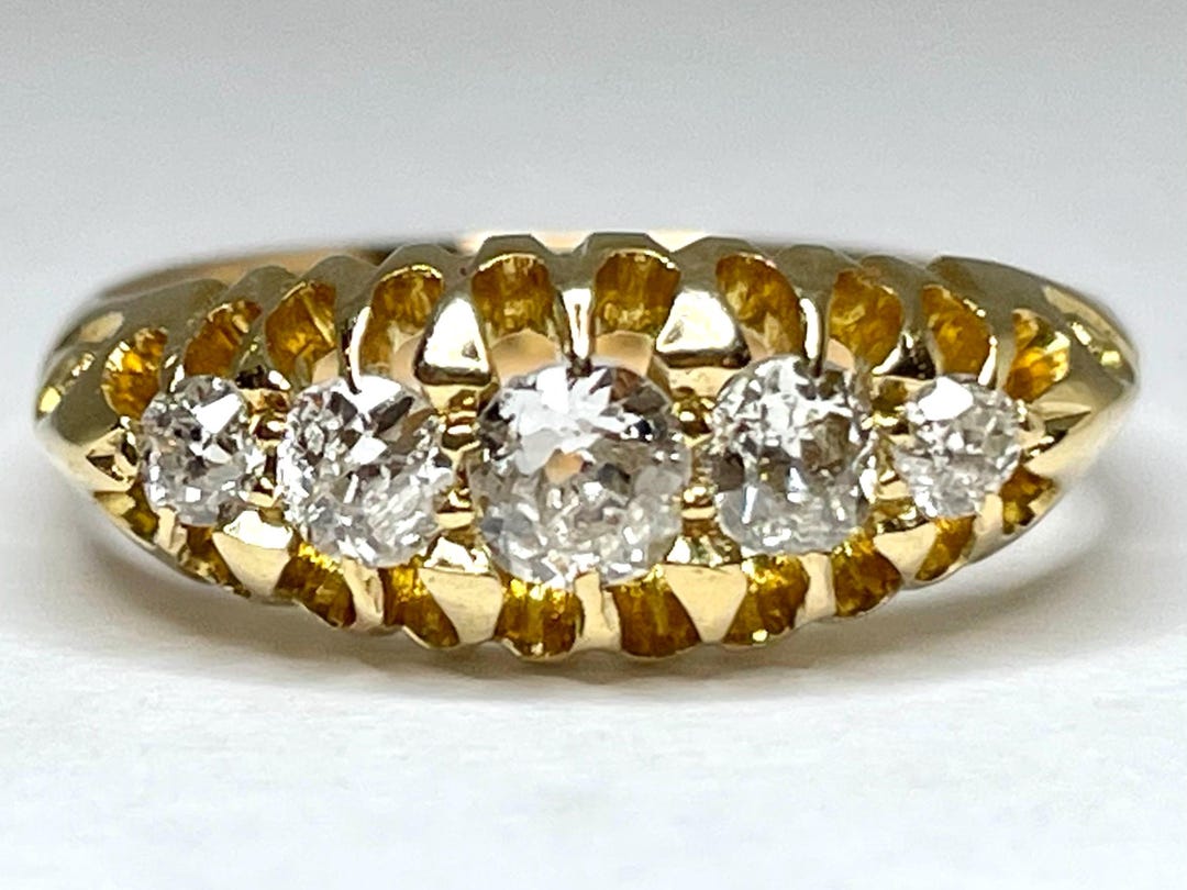 Antique 18ct Yellow Gold Hand Cut Diamond Ring 5 Stone Half Eternity ...